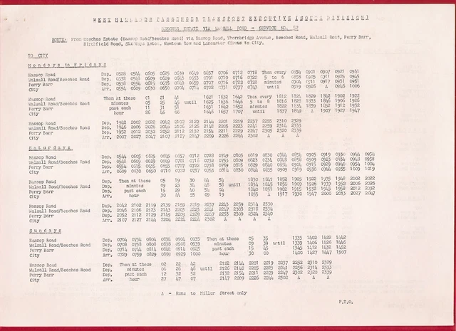 BIRMINGHAM BUS TIMETABLE - WMPTE 52 - Beeches Estate via Walsall Road ...