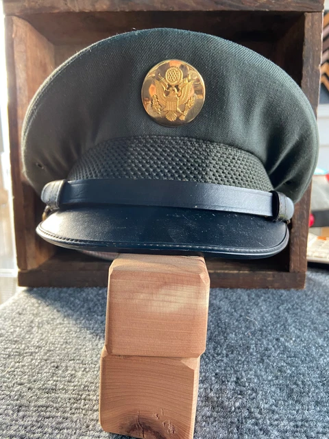 VINTAGE US ARMY Service Cap Green Wool Hat Blue Disc Enlisted Infantry ...