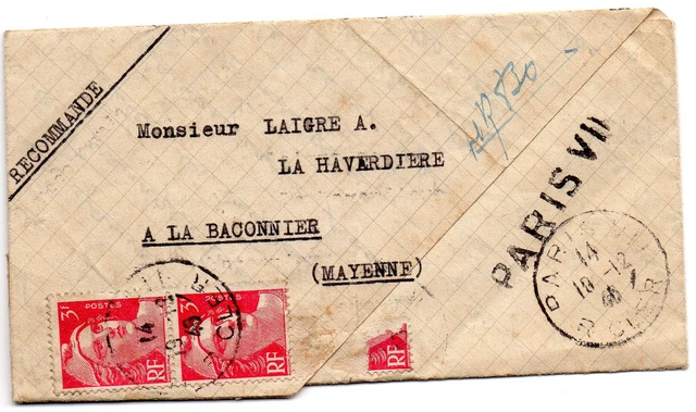 COURRIER ANCIEN RECOMMANDÉ daté 19/12/ 46-Vieux papiers Paris EUR 4,00 ...