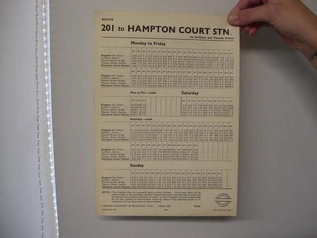 LONDON TRANSPORT BUS Stop Panel Timetable-Route 201-May 1962-Used Con ...
