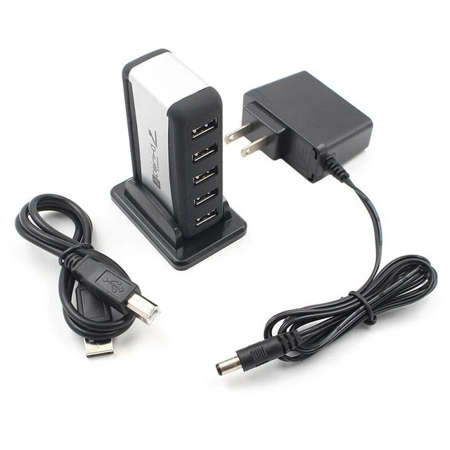 USB 7-PORT HUB Powered With AC Adapter Cable High-Speed EU/US Plug For ...