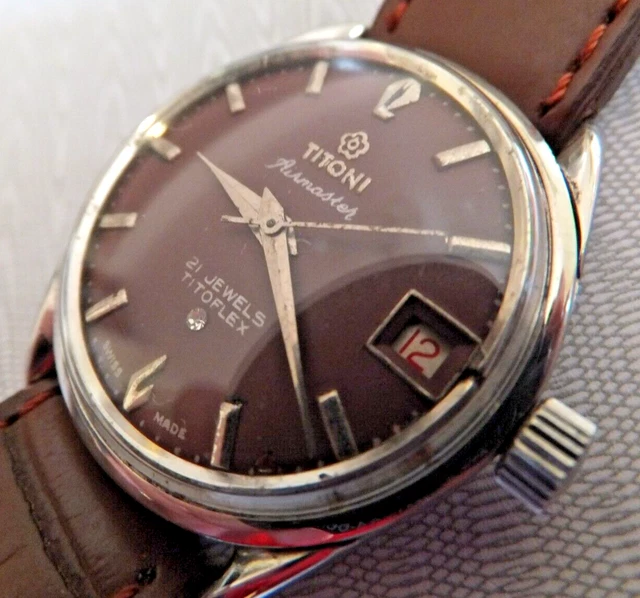 21 JEWEL TITONI "Airmaster" 32mm Vintage 1960s Maroon Dial Watch ...