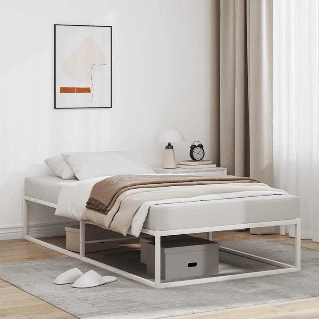 BED FRAME WHITE 90x200 cm Powder-Coated Metal Slatted Base Sturdy ...