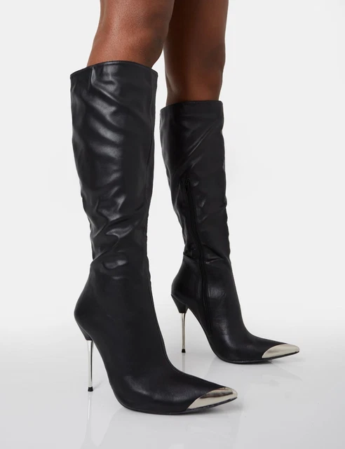 SXXY BLACK PU LEATHER KNEE HIGH SILVER POINTY BOOTS * 3 uk * DOMINATRIX ...