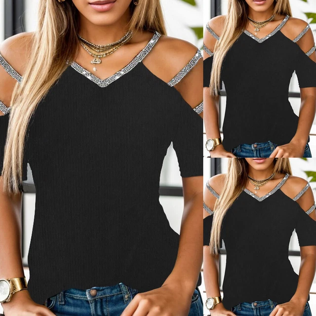 Sexy Damen Schulterfrei T Shirt Oberteile V Neck Kurzarm Top Sommer