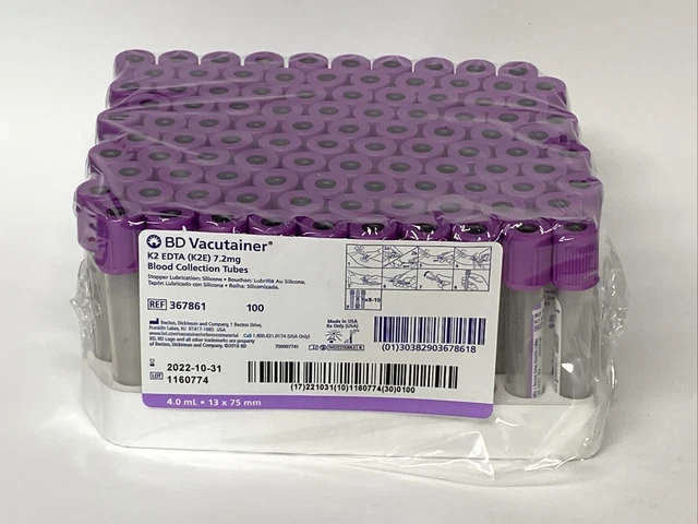 BD VACUTAINER K2E EDTA Collection Tube 367861 7.2mg, 100qty Exp:2022 ...