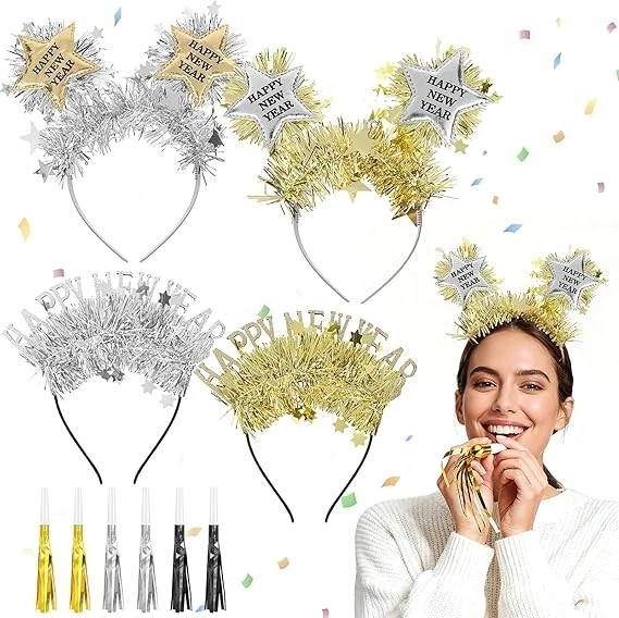 HAPPY NEW YEAR Headbands 2026, 10PCS New Year Eve Decorations with Star ...