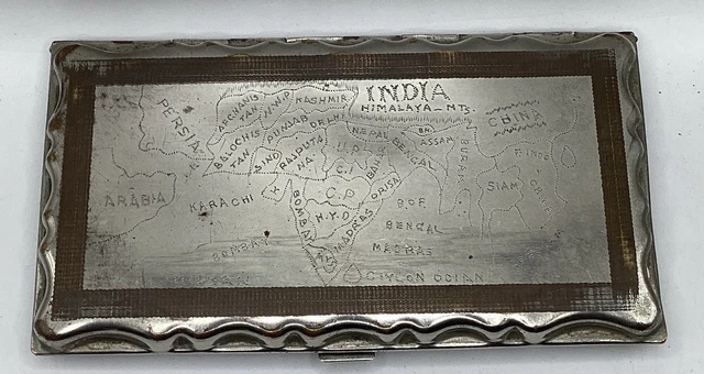ANTIQUE BRITISH COLONIAL Era Cigarette Case Engraved Map Of India & Taj ...