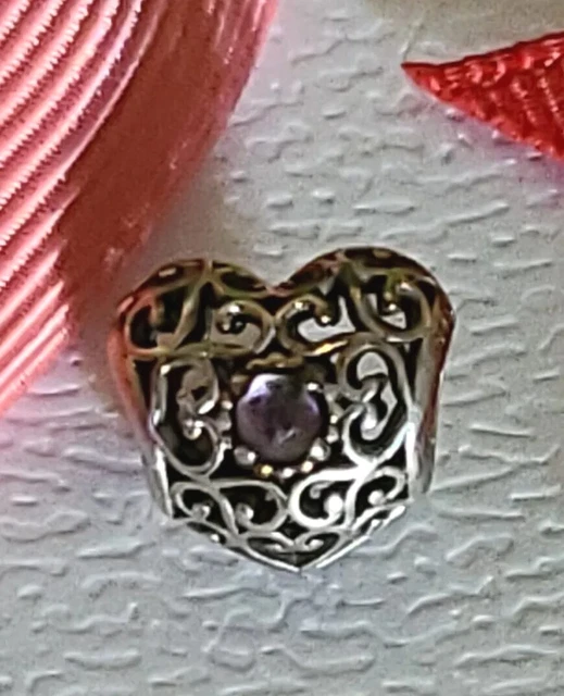 GENUINE PANDORA OPENWORK Signature Heart CZ February Purple Charm 925 ...