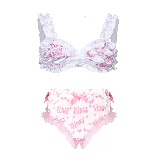 Uk Mens Sissy Lingerie Set Frilly Ruffle Letters Printed Bra Topandbrief