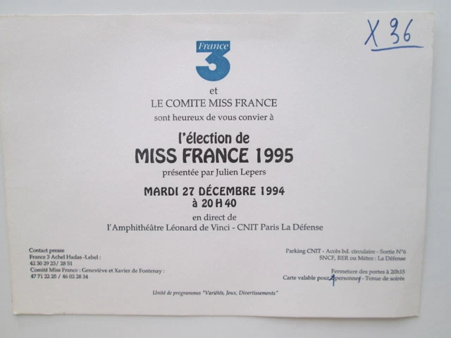 RARE CARTON INVITATION ELECTION DE MISS FRANCE 1995 (format 20,5x14,5 ...