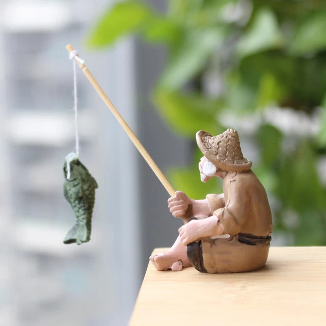 FISHING OLD MAN Resin Figure Statue Garden Ornament Micro-Landscape ...