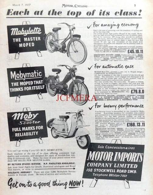 RARE 'MOBY' RANGE of Mopeds & Scooter Motor Cycle Advert : 1957 M/Cycle ...