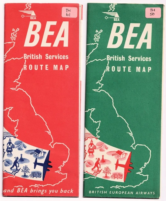 VINTAGE BEA BRITISH European Airways Route Map British Services Lot x2 ...