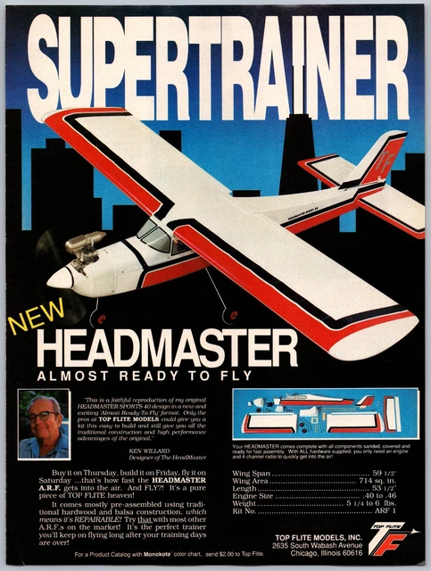 TOP FLITE MODELS Headmaster Airplane Vintage Dec, 1987 Full Page Print ...