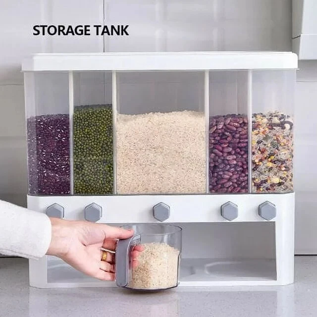 CLEAR 5-GRID CEREAL Storage Dispenser Kitchen Rice Grain Dry Container ...