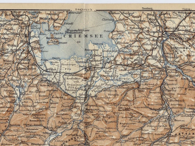 1895 ANTIQUE MAP Of Southern Vicinity Of Chiemsee Bavarian Sea Bavaria ...
