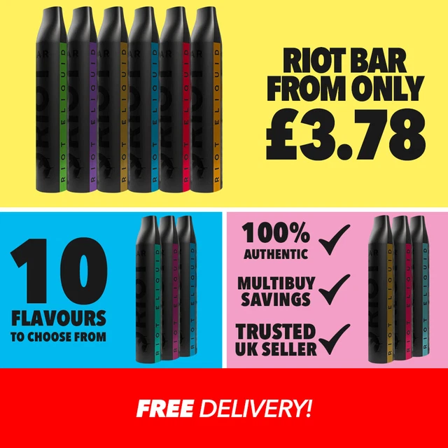 RIOT BAR | Disposable Vape | 600 Puffs | E-cig | 0mg, 10mg & 20mg | 10 ...
