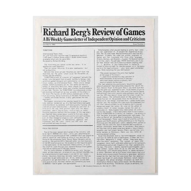 RICHARD BERG BROG Vol. 1, #3 "Yorktown, Tito, Pickett's Charge" Mag VG ...