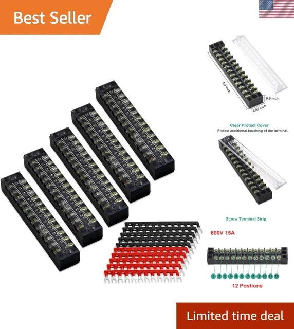 12 POSITIONS 15A Terminal Block Set - Heavy-Duty with Protective Covers ...