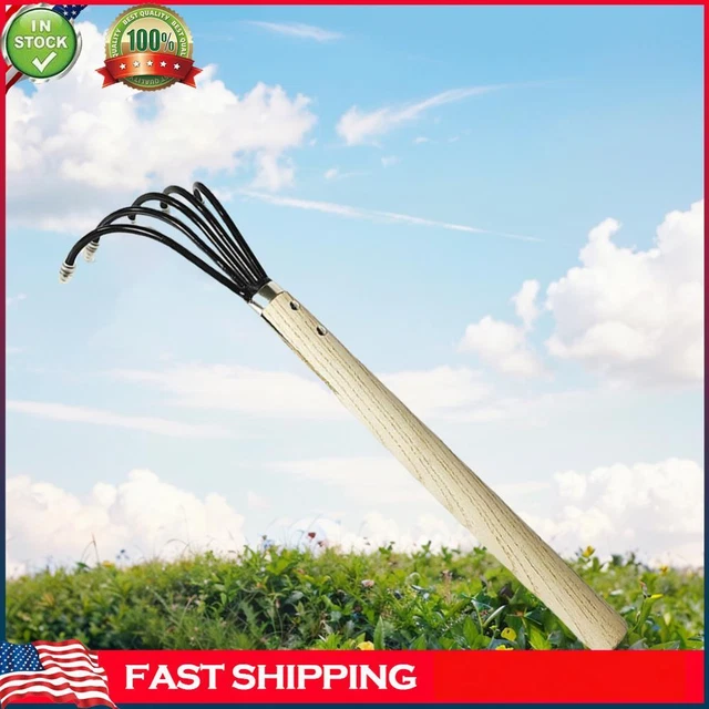 5-CLAW RAKE GARDEN Hand Rake Tool with Wooden Long Handle for Garden ...