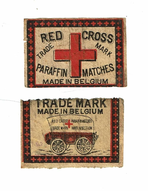 2 OLD BELGIUM c early 1900s Matchbox labels (panels) Red Cross Paraffin ...