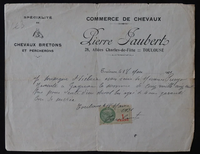 FACTURE 1931 TOULOUSE COMMERCE DE CHEVAUX BRETONS PIERRE FAUBERT 152 ...
