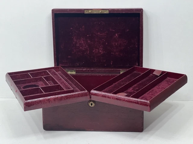 GORGEOUS VICTORIAN ANTIQUE oak grain burgundy leather jewellery case ...