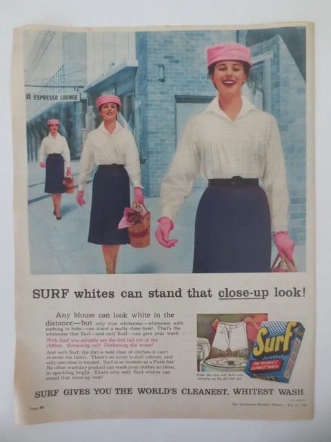 VINTAGE AUSTRALIAN ADVERTISING 1959 ad SURF WASHING POWDER box art $14. ...