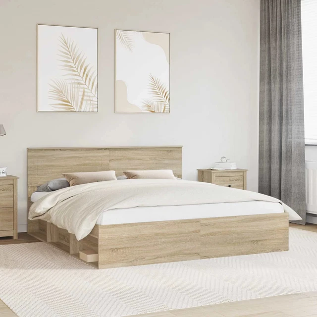 BED FRAME WITH Headboard Sonoma 200 x 200 cm Engineered wood vidaXL £ ...