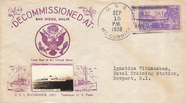 U.S.S. MC CORMICK - DESTROYER (DD-223) - Crosby cachet - 1938 LAST DAY ...