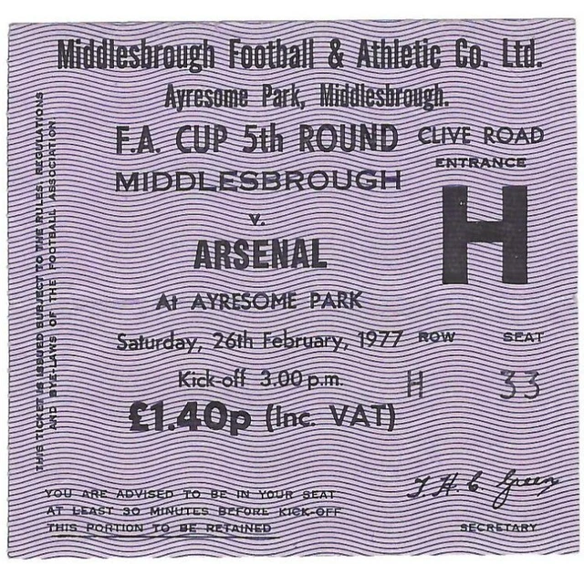 TICKET STUB - Middlesbrough V Arsenal 1976-77 Fac Fifth Round February ...