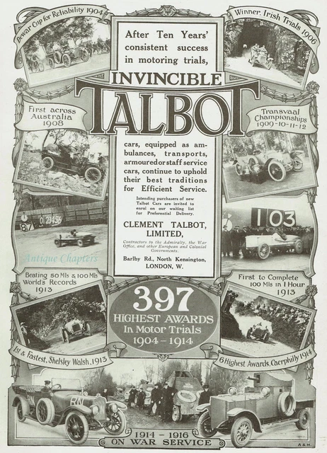 TALBOT CAR HIGHEST Awards In Motor Trials Records 1916 Advertisement Ad ...