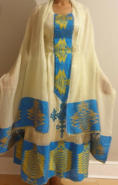 ETHIOPIAN ERITREAN HABESHA Kemis Traditional Dress & Netela Mid Length ...