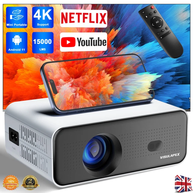 15000LMS PORTABLE ANDROID Smart 4K Projector WiFi Bluetooth Video Home ...