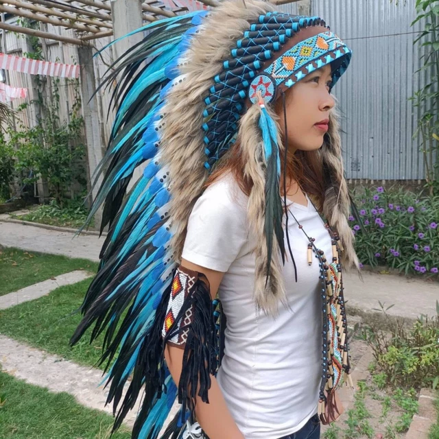 NATIVE AMERICAN INDIAN Hat Feather Headdress Warbonnet Chief Tribal ...