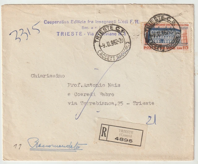 RCCOMANDATA-TRIESTE-1962-COOP. EDILIZIA FRA insegnanti Medi-Busta-Rara ...