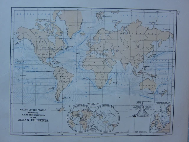 1892 VICTORIAN MAP ~ Chart Of The World Showing Ocean Currents Forms ...
