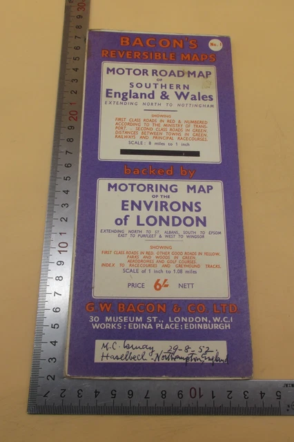 BACONS REVERSIBLE MAPS Motor Road Map Of Southern England And Wales £5. ...