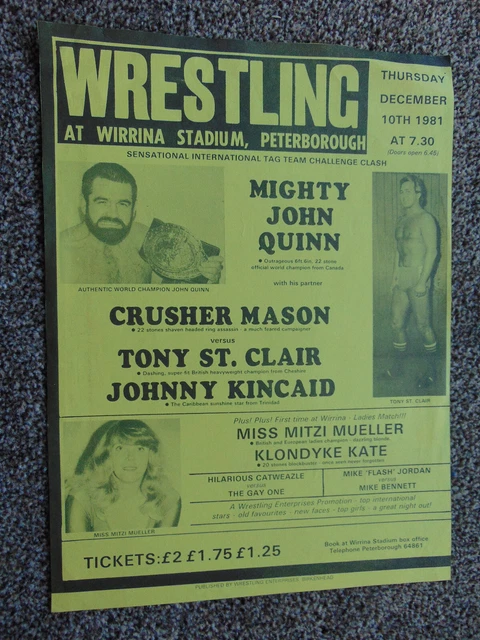BRITISH WRESTLING LEAFLET (1980s Peterborough, John Quinn, Mitzi ...