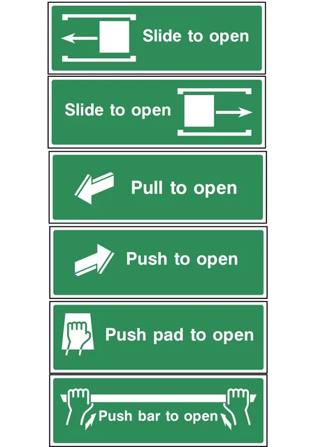 EMERGENCY EXIT DOOR Signs Push Pull Slide To Open Vinyl Stickers 150 x ...