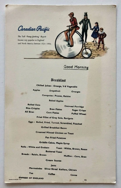 1960S CANADIAN PACIFIC Steamship RMS Empress Breakfast Menu Vintage ...