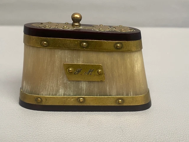 ANTIQUE GERMAN BAKELITE and Horn Pocket Snuff Box Inlay Brass Marked F ...