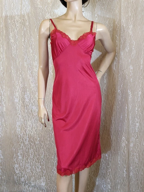 VINTAGE RASPBERRY PINK Lingerie Full Dress Slip Lace Nylon Formed Cups ...