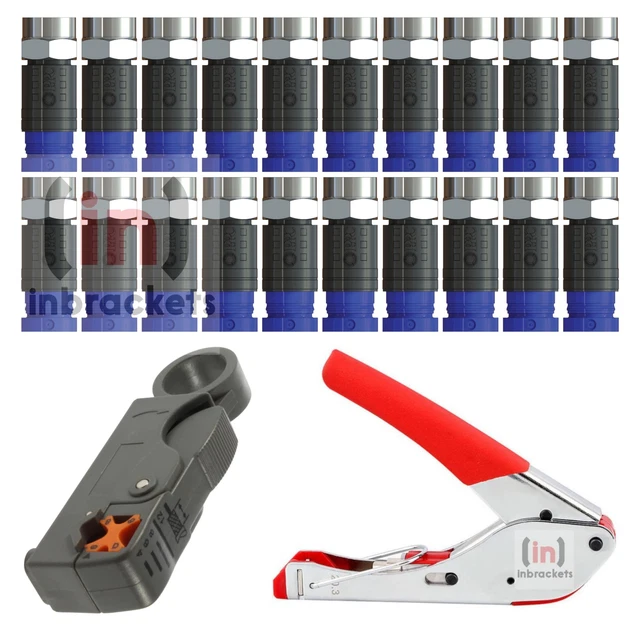 F-TYPE COMPRESSION TOOL Coaxial cable Stripper Crimper + 20 Connectors ...
