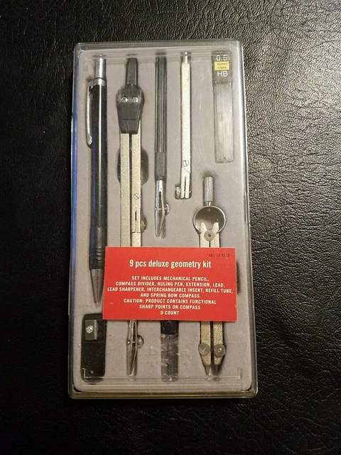9 PIECE PCS Deluxe Geometry Kit Compass Drawing Drafting Tools Study ...