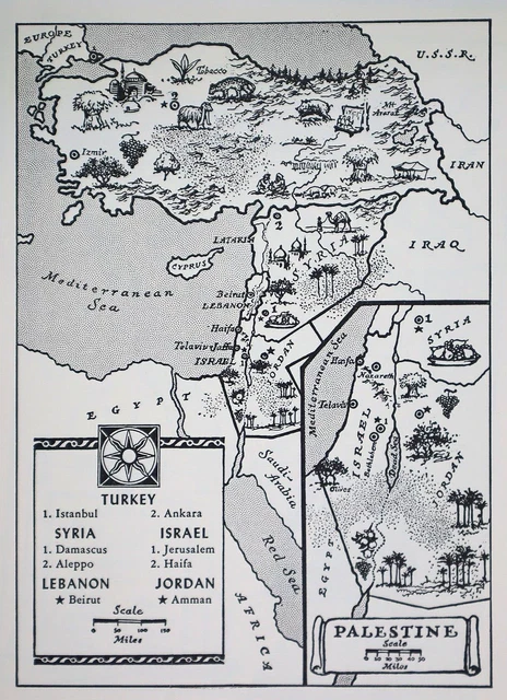 1962 PICTORIAL MAP of PALESTINE, TURKEY, ISRAEL, SYRIA by F BEAUDOUIN ...
