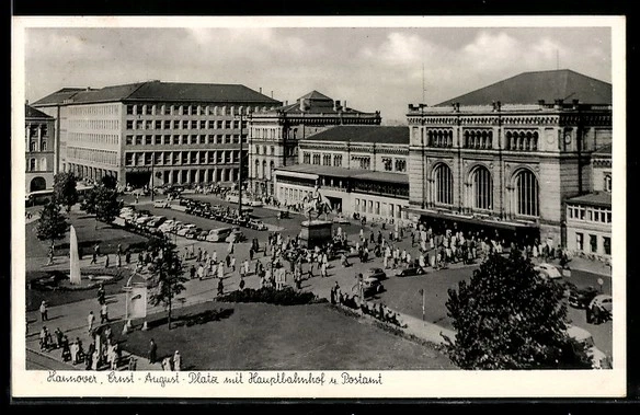 CARTOLINA HANNOVER, ERNST August-Platz con stazione centrale e ufficio ...