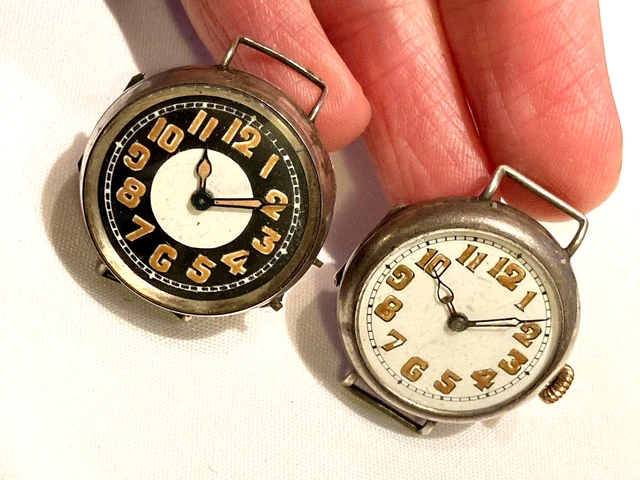 PAIR ANTIQUE RADIUM Dial 1917 & 1918 WW1 Trench Watches. Silver ...