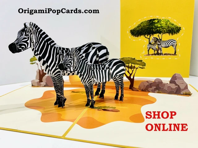 ORIGAMI POP CARDS Mother & Baby Zebra 3D Pop Up Greeting Card Birthday ...